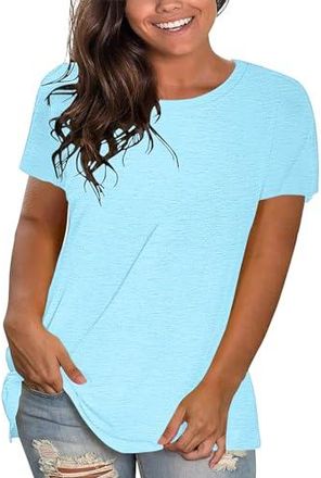 Generic Chemise unie à manches courtes pour femme - Coupe ample - Style décontracté - Couleur unie - Coton - Col rond - Manches courtes - Chemises amples - Vê