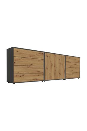 MID.YOU Mid.you Sideboard Mailand Set 4, Anthrazit, Eiche Artisan, Holzwerkstoff, 3 Fächer, 8 Schubladen, 237x73x33 cm, erweiterbar, stehend