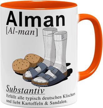 OM3 lustige Kaffee-Tasse mit Spruch - Alman - Typisch Deutsch Sandalen Kartoffeln Socken meme I - Keramik Becher - 325ml - Beidseitig Bedruckt - Orange