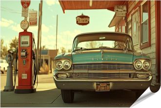 Islandburner Prime Bild Poster Klassisches Auto an alter Tankstelle für Wohnzimmer Autoenthusiasten Oldtimer-Werkstatt Premium Bilder Fotodruck