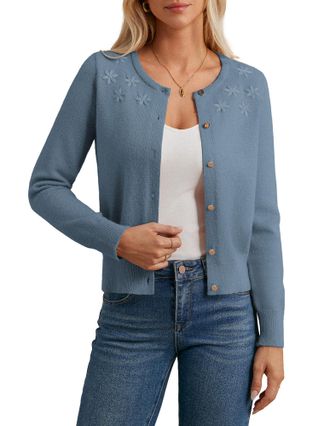 Grace Karin Damen Classic Cardigan Langarm Kurz Strickjacke Button Down Freizeit Strickjacke Grau Blau L