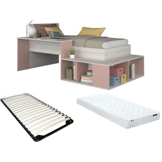 Vente-Unique Vente-unique - Lit combin&eacute; 90 x 200 cm avec rangements et bureau - Coloris : Naturel et rose + Sommier + Matelas - rigali