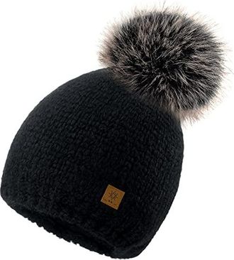 morefaz Bonnet dhiver en laine de mohair pour femme - Bonnet tricot&eacute; en laine de mouton avec doublure polaire et pompon, M