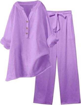 Generic Ensemble de 2 tenues en lin pour femme - Grande taille - T-shirt graphique &agrave; manches courtes et pantalon - Mocassins assortis - Taille 1, violet, 5XL