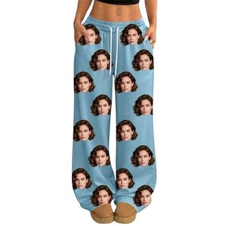 Generic Pantalon de jogging personnalis&eacute; pour femme, pantalon d&eacute;contract&eacute; imprim&eacute; photo avec cordon de serrage, bleu, M