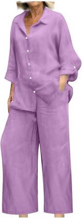 Generic Ensemble 2 pi&egrave;ces en lin pour femme 2024, chemises amples &agrave; manches longues, jambes larges, pantalon assorti, tenues de vacances grande taille, combin