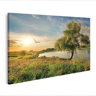 Islandburner Bild auf Leinwand Sonniger Morgen am See mit Weide und fliegendem Vogel Bilder Wandbilder 80x40cm