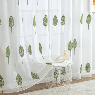 Miulee Wohnzimmer Vorhänge Transparent mit Grün und Weiss Blätter Muster, Modern Stickerei Gardinen Ösen für Schlafzimmer Deko, 2er Set Schöne Blätter Muster