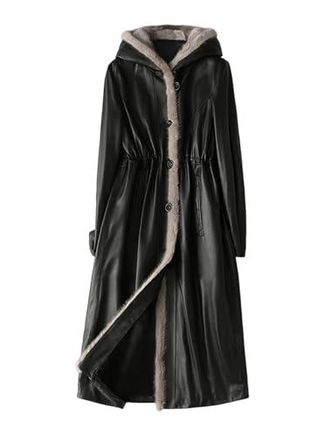 Generic Manteau dhiver long en cuir synth&eacute;tique pour femme - Noir - Doublure &eacute;paisse en fausse fourrure - Parka chaude &agrave; capuche, Noir, L