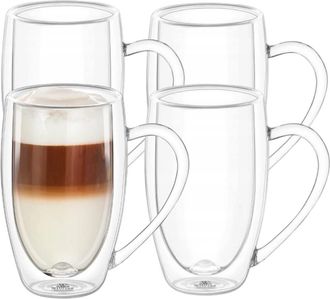 Wilmax England Wilmax | Doppelwandige Thermogläser mit Henkel | 4er-Set | 400 ml | Thermotassen | Latte Macchiato Gläser Set | Cappuccino Gläser mit Henkel | Kaffeeg