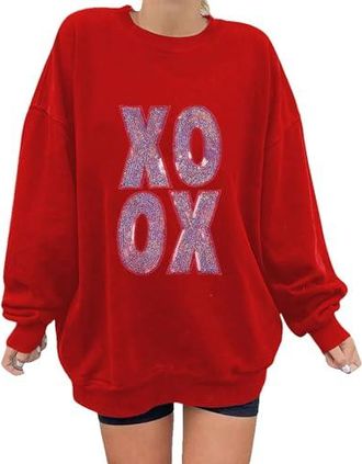 Generic T-shirts de Saint-Valentin Femmes Cadeau de Saint-Valentin Mignon Alphabet Imprim&eacute; Sweatshirt Oversize Manches Longues Col Rond Pull Ample Casual Swea