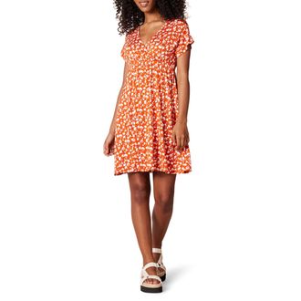 Amazon Essentials Damen Surplice-Kleid (Erh&auml;ltlich in &Uuml;bergr&ouml;&szlig;e), Rot Blumenaufdruck, S