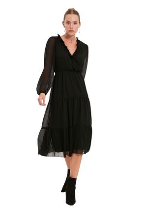 Trendyol Damen Trendyol Woman Midi A-line V-hals geweven jurk Dress, Schwarz, 40 EU