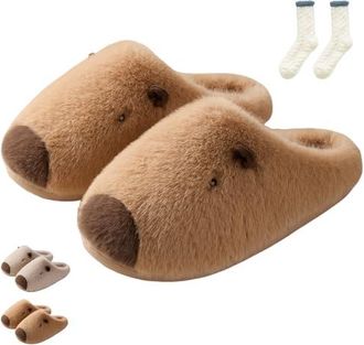 Generic Capybara Pantoufles pour femme en peluche 3D chaude Capibara Hous Pantoufles mignonnes moelleuses antid&eacute;rapantes pour int&eacute;rieur et ext&eacute;rieur, kaki, 35