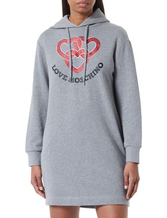 Love Moschino Womens Long-Sleeved Hoodie with Chained Hearts Print Dress, MEDIUM Melange Gray, 48