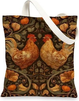 Generic Sacs fourre-tout en toile motif poules rustiques, sacs dépicerie réutilisables, légers et lavables Motif floral vintage, marron, 13x15 Inch