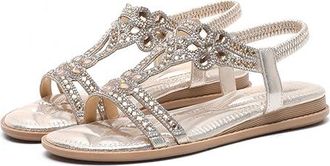 Generic Sandales plates avec strass pour femme - Large largeur - Confortables - Antid&eacute;rapantes - Style d&eacute;contract&eacute; - Sangle boh&egrave;me - Chaussures de marche r&eacute;gl