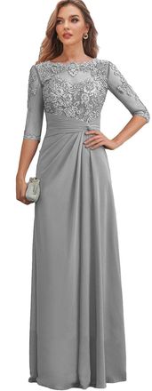 Huini Damen Chiffon Brautmutterkleider Lange Abendkleider Elegant f&uuml;r Hochzeit Spitze Langes Abendkleid mit &Auml;rmeln Korsett Abendkleid Silber 44