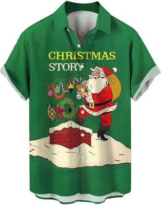 Generic Chemise boutonnée pour homme - Polo de Noël 2024 - Imprimé de Noël - Manches courtes - Blanc, Vert, 4XL