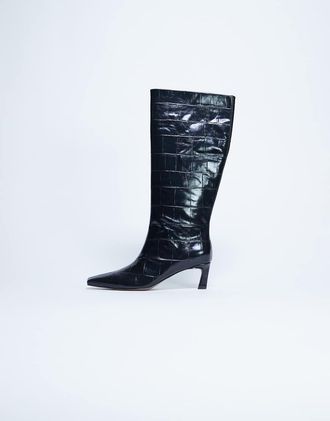 Topshop Tanya - Bottes montantes effet croco &agrave; bout pointu - Noir
