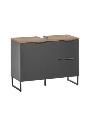 M&ouml;belando Waschbeckenunterschrank >Denver< schwarz matt/Evoke Eiche dekor, 2 Schubladen, 1 T&uuml;r, Soft-Close, FSC-Zertifiziert, U-Profil Metallf&uuml;&szlig;e, Siphonausschn