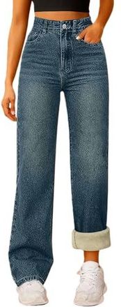 Generic Jean doubl&eacute; en polaire pour femme - Taille haute - Jambe large - Extensible - Taille haute - Coupe droite - Joli petit ami, bleu vintage, XXL