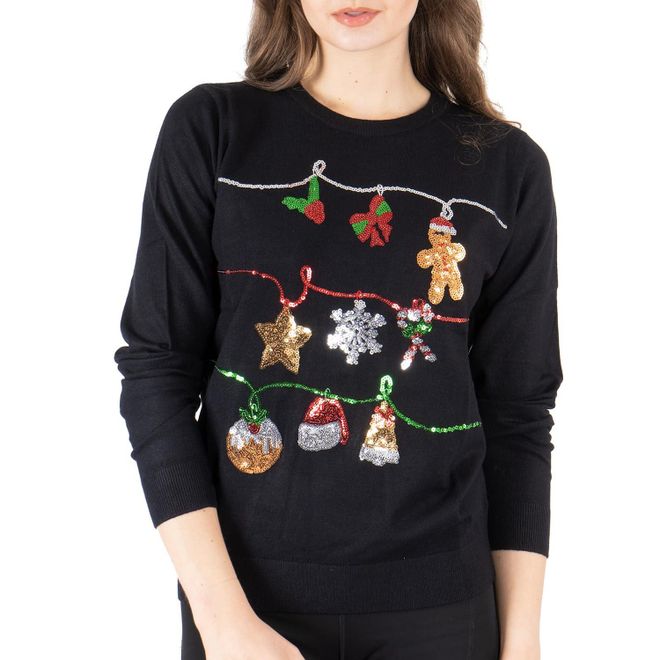 Damen Weihnachten Oberteil Sweatshirts Paillette Bimmeln Glocken Hohoho Mops Frau Claus Xmas Pullover (38, Schwarz)