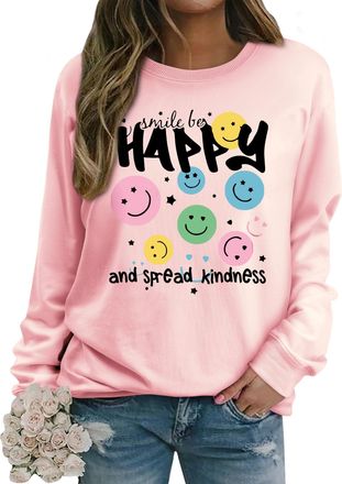 Dresswel Damen Sweatshirt Smile Brief Drucken Pullover Lustiges L&auml;chelndes Rundhals Langarmshirt Baumwolle Pulli Herbst Winter Casual Oberteile Langarm Tops