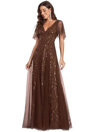 Ever-pretty Robes de Soir&eacute;e Femmes Longues Manches Volants Tulle Paillettes de Feuilles Col V Chic Brun 46