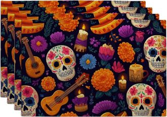 Generic Bunte Tischsets mit Totenkopf-Motiv, lebendiges Halloween-dekoratives Platzset für den Esstisch, rutschfest, waschbar, für drinnen und draußen, Partyg