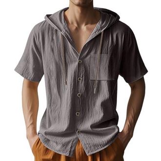 Generic Uwdiohq Chemise &Agrave; Capuche D&eacute;contract&eacute;e pour Homme Manches Courtes, en Coton Et Lin, Le Printemps L&Eacute;t&eacute; Chemisette Grande Taille (Dark Gray, XXXL) &Eacute;t&eacute; C