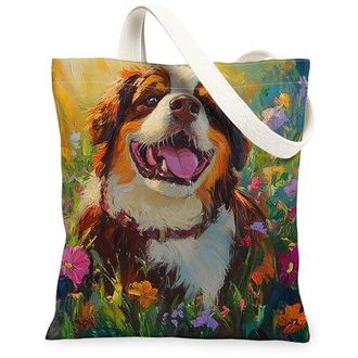 Generic Sac fourre-tout en toile motif chien du printemps Saint-Bernard 33 x 38,1 cm, sac d&eacute;picerie r&eacute;utilisable pour femme, motif animal de compagnie, d&eacute;cora