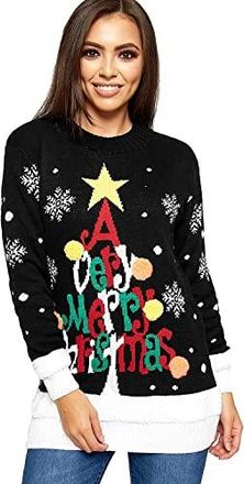 WearAll Femmes Tricoté Joyeux Noël Noël Flocon De Neige Dames Renne Pom Cavalier - 42-56