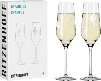 Ritzenhoff 3851001 Champagnerglas 250 ml - 2er Set Serie Oceanside Nr. 1, 2 Stück, Seepferdchen-Motiv - Made in Germany