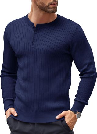 Coofandy Herren Pullover Henley Shirt Strickpullover mit Knopfleiste M&auml;nner Langarmshirt Pulli Slim Fit Blauviolett 3XL