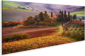 Islandburner Bild auf Leinwand Sonnenaufgang Italien Schöne Goldene Toskana Weinberg Bilder Wandbilder Poster INBT-Pano