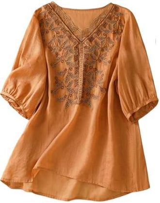 Generic Haut en lin pour femme tendance d&eacute;contract&eacute; col en V vintage broderie florale imprim&eacute; chemises chinoises d&eacute;t&eacute; boh&egrave;me hauts confortables pour femme, ja