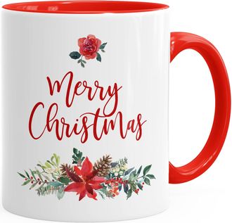Autiga Tasse Weihnachten Merry Christmas Blumen Weihnachtsstern Christstern Teetasse Kaffee-Tasse rot unisize