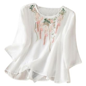 Generic T-shirt d&eacute;t&eacute; d&eacute;contract&eacute; et &eacute;l&eacute;gant avec cinq manches quarts, temp&eacute;rament, t-shirt r&eacute;tro litt&eacute;raire avec col rond et broderie, Blanc., XXL