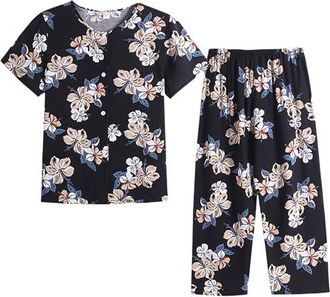 Generic Pyjamas Ensemble 2 Pièces Femme Dété Pyjama Femme T-Shirt À Manches Courtes Et 3/4 Pantacourt Tenue Dintérieur Cotton and Lin Deux Pièces Respirant Do