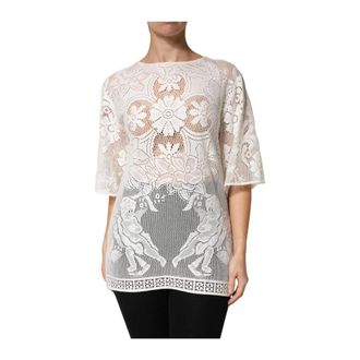 Dolce & Gabbana Femme, Blouses et Chemises, Blanc, Taille: 32 FR Haut Blouse en Coton avec Dentelle et Broderie