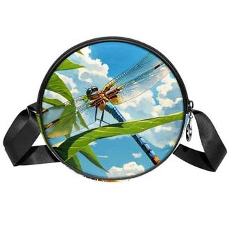 Generic Sac &agrave; bandouli&egrave;re rond pour femme, motif libellule avec fermeture &eacute;clair et bretelles r&eacute;glables