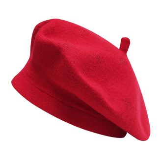 ZLYC Damen Wolle Baskenm&uuml;tze Klassische Franz&ouml;sischen Barett Warm Beret M&uuml;tze(Schneeflocken Rot),Einheitsgr&ouml;&szlig;e