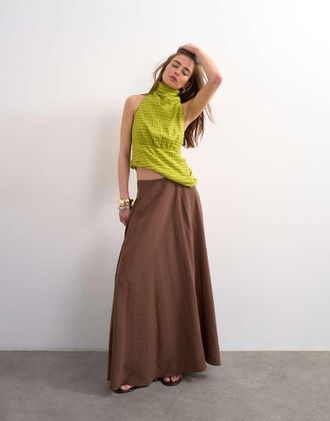 Topshop Jupe longue &eacute;vas&eacute;e en cupro - Chocolat-Brown