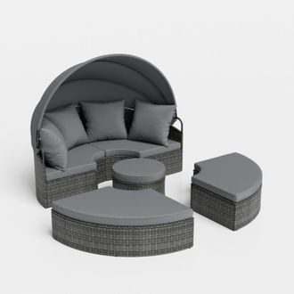 Costway Lit Rond dExt&eacute;rieur avec Auvent R&eacute;tractable, Canap&eacute; dExt&eacute;rieur en Sections en Rotin PE avec Coussins, pour Jardin, Piscine, Gris