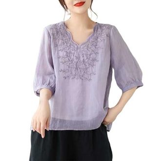 Generic Chemise en lin pour femme - Coupe ample - Col en V - Motif floral brod&eacute; - Chemisier d&eacute;t&eacute; d&eacute;contract&eacute; - V&ecirc;tements de plage et de vacances, violet, XXL