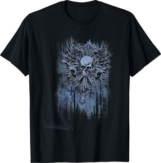 Trendy Apparel Distressed Skull Wings and Blades Graveyard T-Shirt