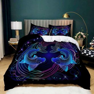 Generic Bettbezug Set 180 x 200 cm, Bedruckt Fantasy Sternbild Fische Motiv Weiche Mikrofaser Bettw&auml;sche Set 3-Teilig mit Rei&szlig;verschluss Eckb&auml;ndern, Pflegelei