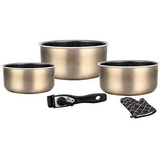 Herzberg Induktions-Kochtopfset 5-teilig - Geschmiedete Aluminiumtöpfe mit Marmor-Beschichtung und Abnehmbarem Griff - Kupfer