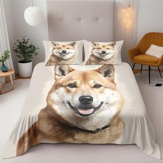 Generic Housse de Couette 240 x 260 Shiba Inu Parure de Lit 2 Personnes Animaux Mignons 3 Pièces Housse Couette en Microfibre Douce Imprimé 3D avec 2 Taies do